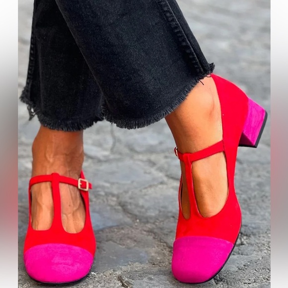 Shoes | New In Box Patchwork Tstrap Buckle Red Pink Chunky Heels Womens ...